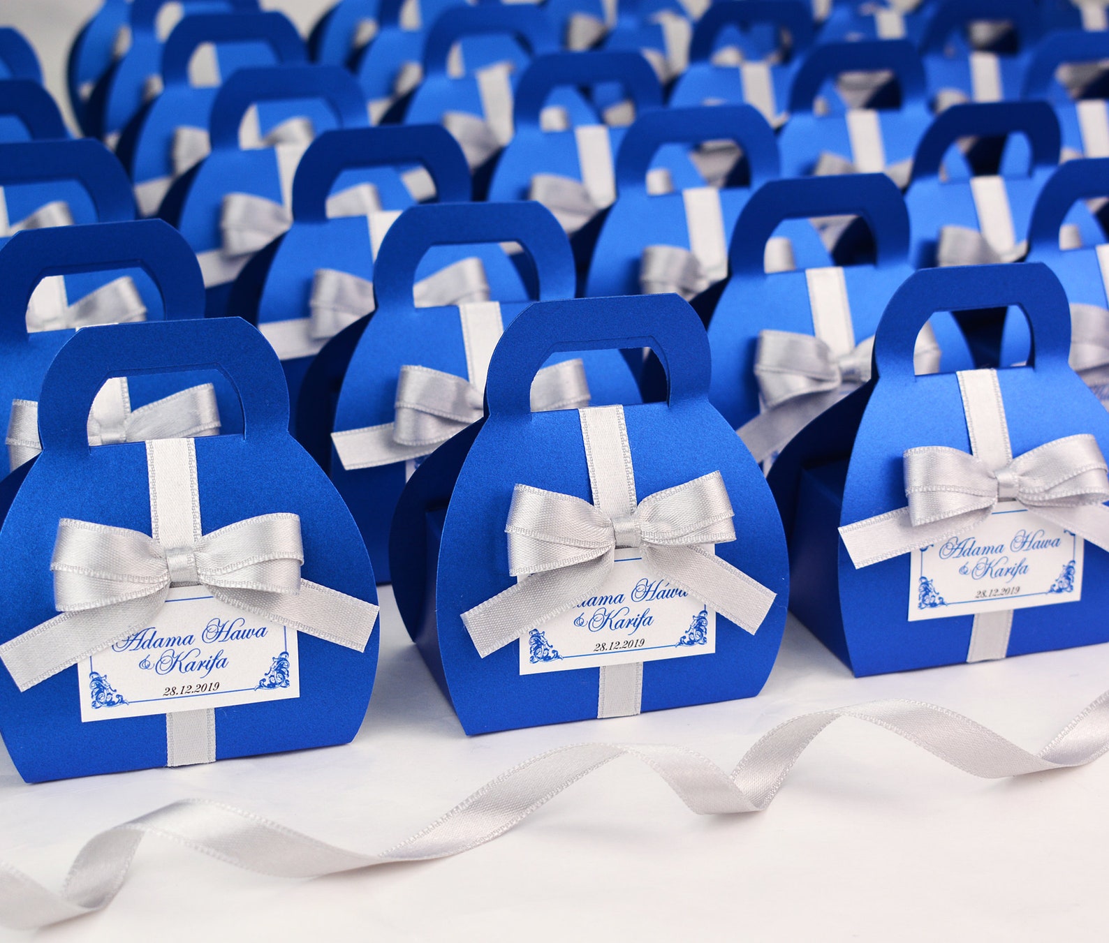 Royal Blue Wedding Favor Gift Box With Silver Satin Ribbon Bow - Etsy