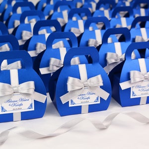 Royal Blue & Gold Party Favor Box With Satin Ribbon Bow and Custom Tag ...