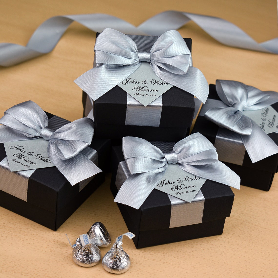 Silver Wedding Favor Gift Box With Satin Ribbon Bow and Your - Etsy