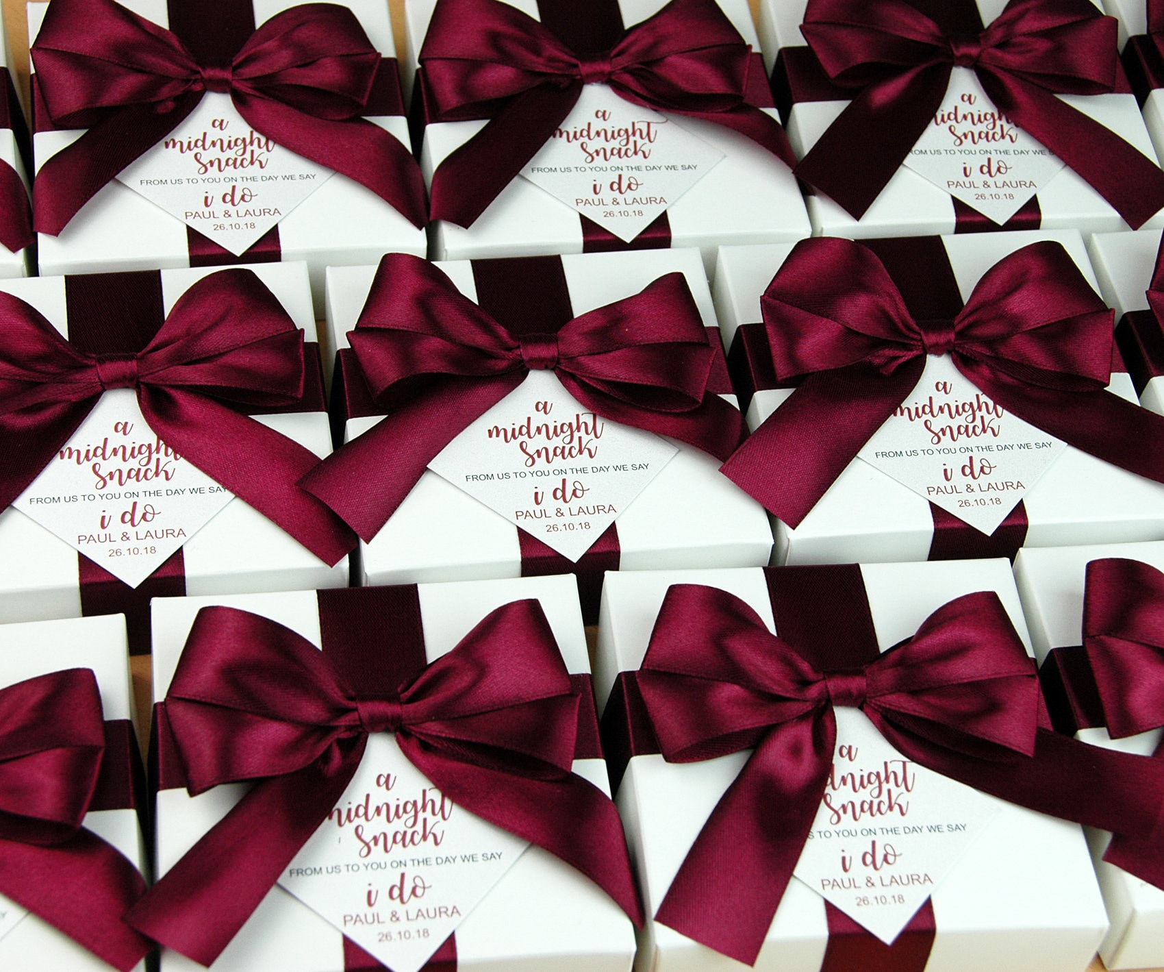 Wedding favor boxes with Wine Burgundy satin ribbon bow and | Etsy