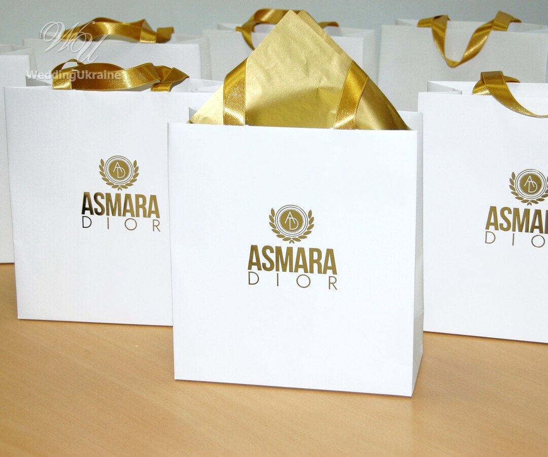 50 Gold Foil Logo Gift Bags With Satin Ribbon Handles Elegant ...