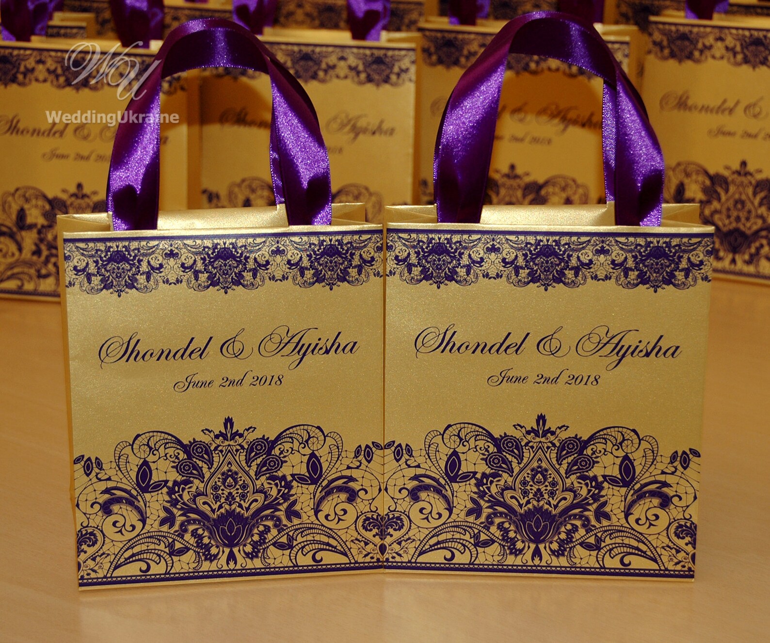 Purple & Gold Wedding Welcome Bags With Satin Ribbon Handles and Your ...