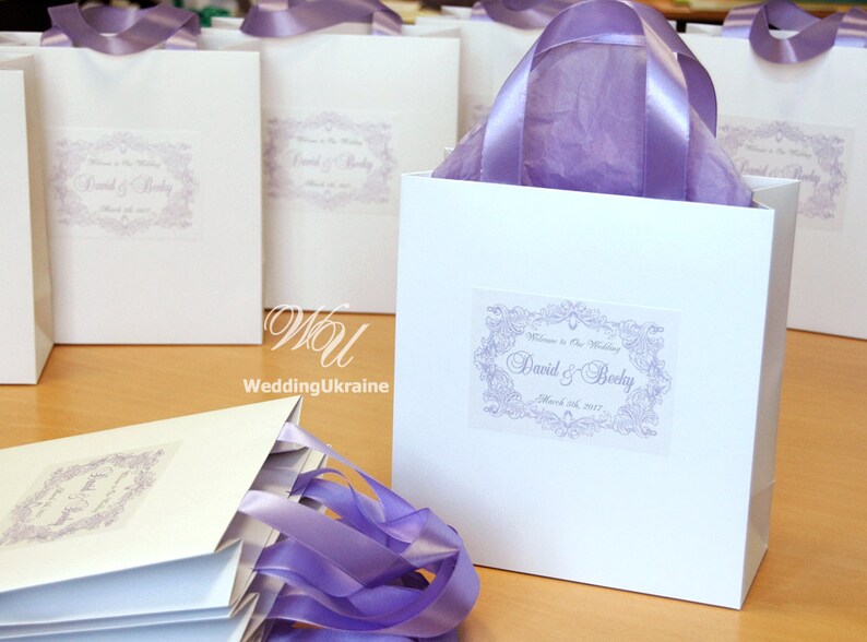 Personalized Wedding Welcome Bags with Lavender satin ribbon | Etsy