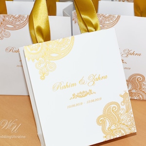 20 Mehendi Design Bags With Gold Satin Ribbon Handles & Names ...