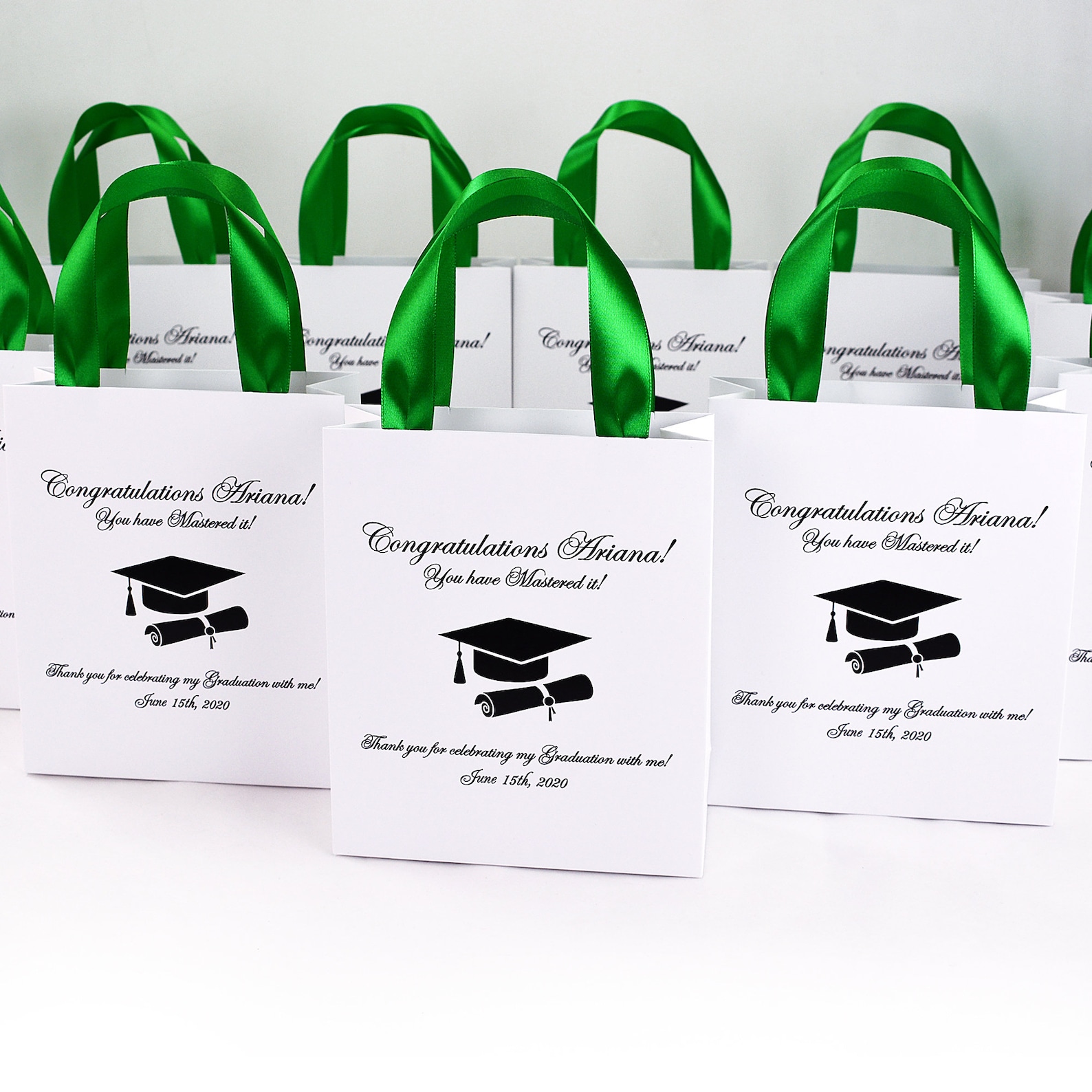 25 Graduation Celebration Bags With Green Satin Ribbon Handles - Etsy