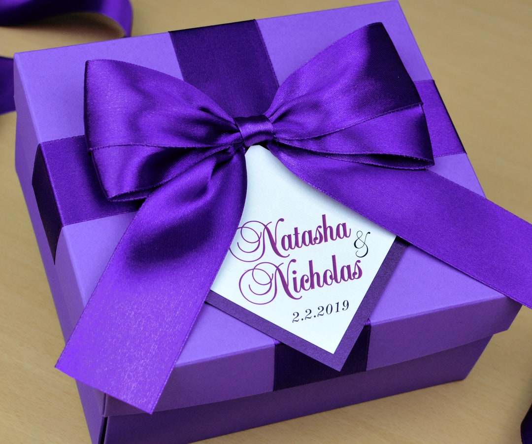 Chic Purple Wedding Favor Boxes With Satin Ribbon, Big Bow and Your ...