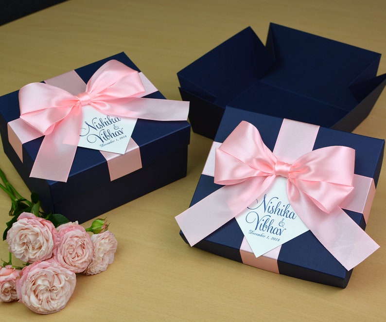 Personalized Navy Blue & Blush Wedding Favor Box With Satin Ribbon Bow ...