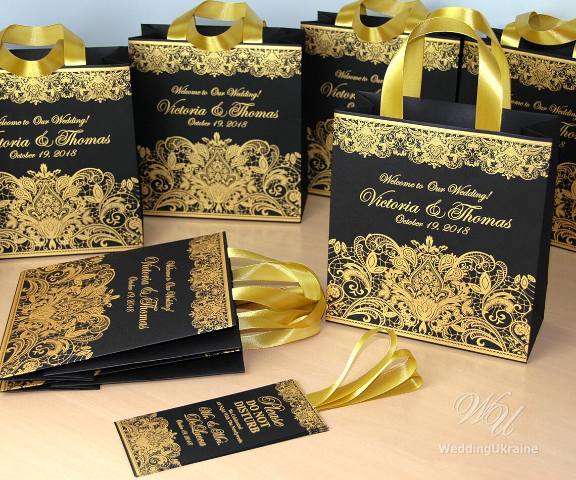 25 Wedding Welcome Bags for guests with Gold satin ribbon and | Etsy