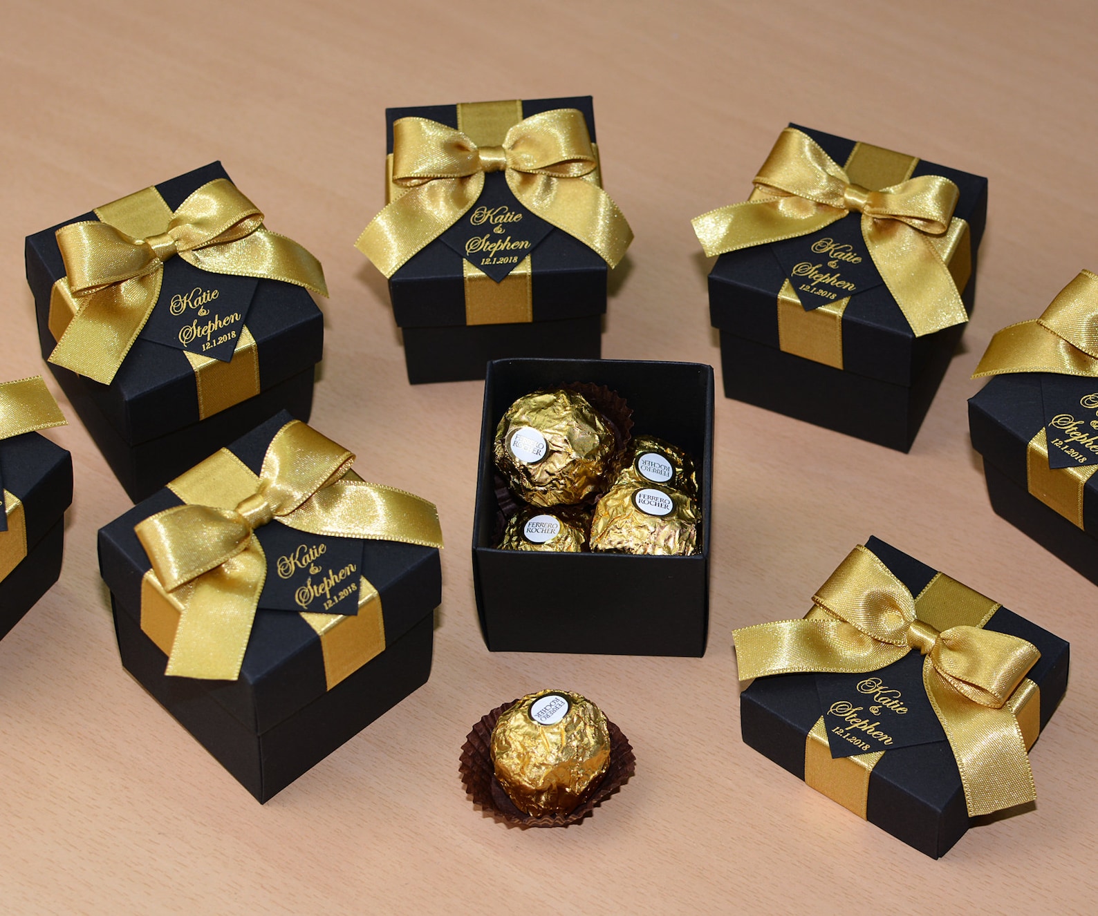 24 Black & Gold Wedding Favor Gift Box With Satin Ribbon, Bow and Your ...