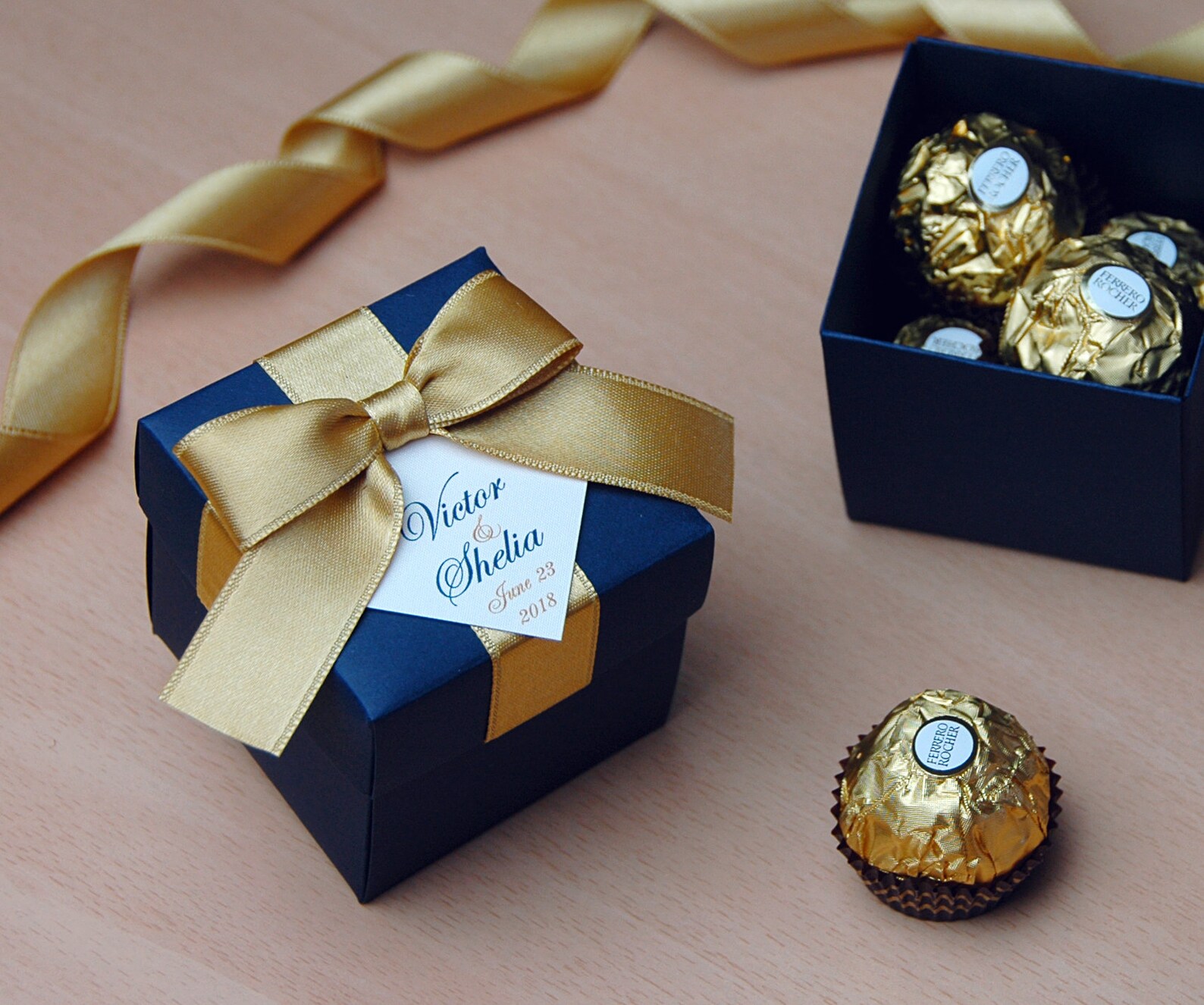 24 Black & Gold Wedding Favor Gift Box With Satin Ribbon, Bow and Your ...