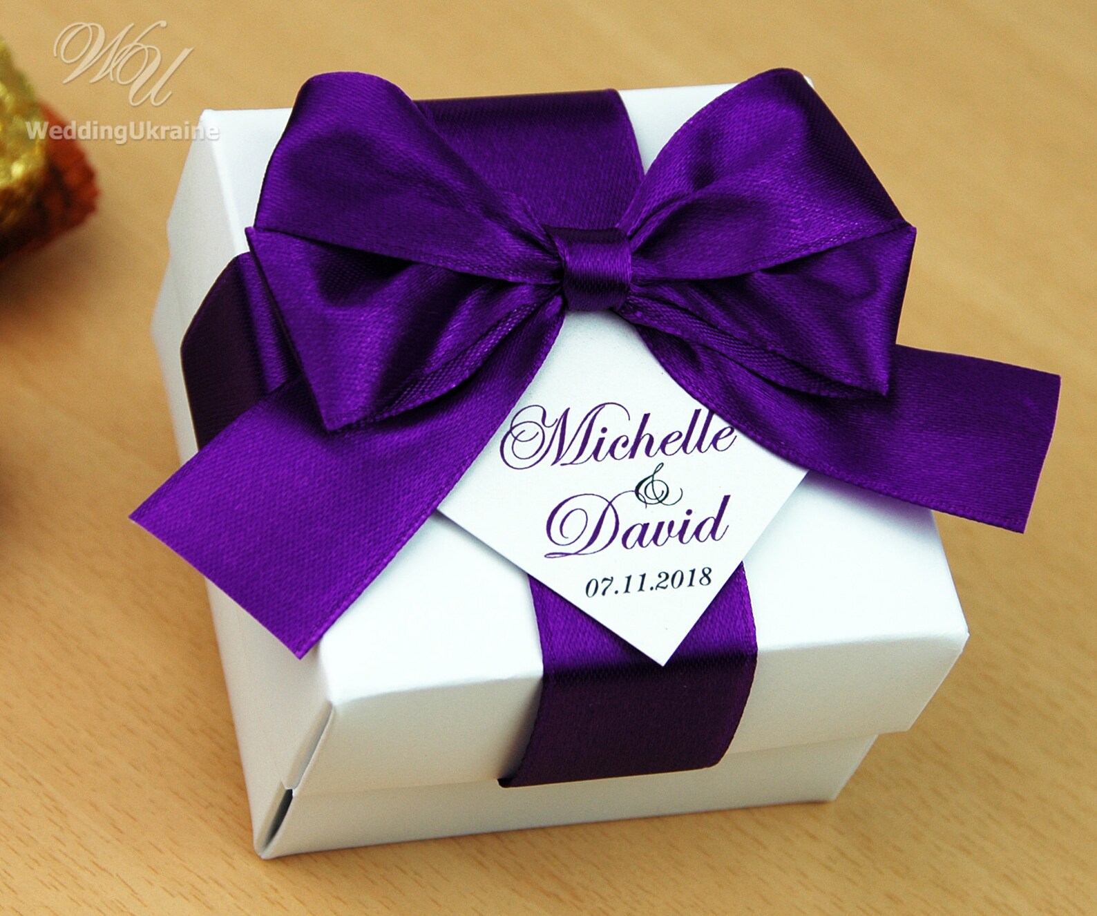 Purple Wedding Favor, Personalized Boxes With Satin Ribbon, Bow and ...