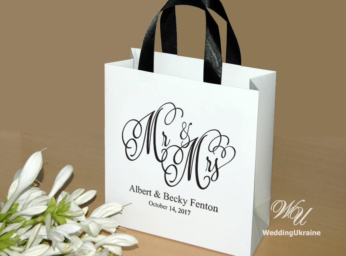 25 Wedding Gift Bags With Satin Ribbon - Black & White Wedding Welcome ...