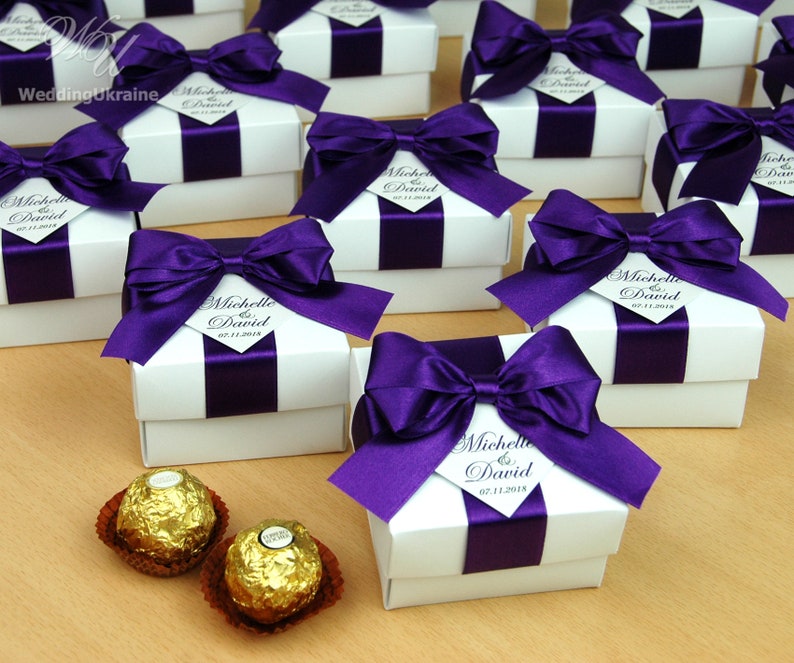 Purple Wedding Favor, Personalized Boxes With Satin Ribbon, Bow and ...