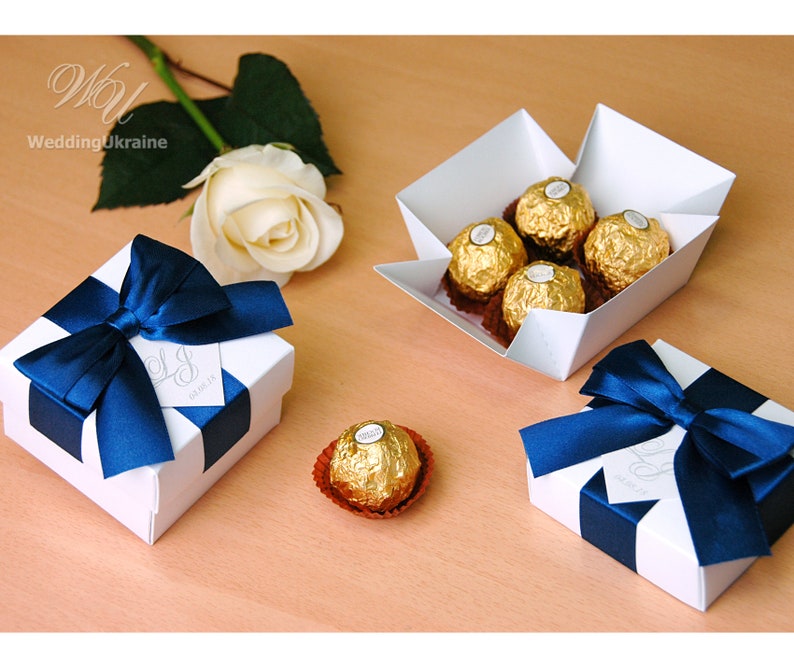 Wedding Monogram Personalized Wedding Favor Boxes With Navy Blue Satin ...