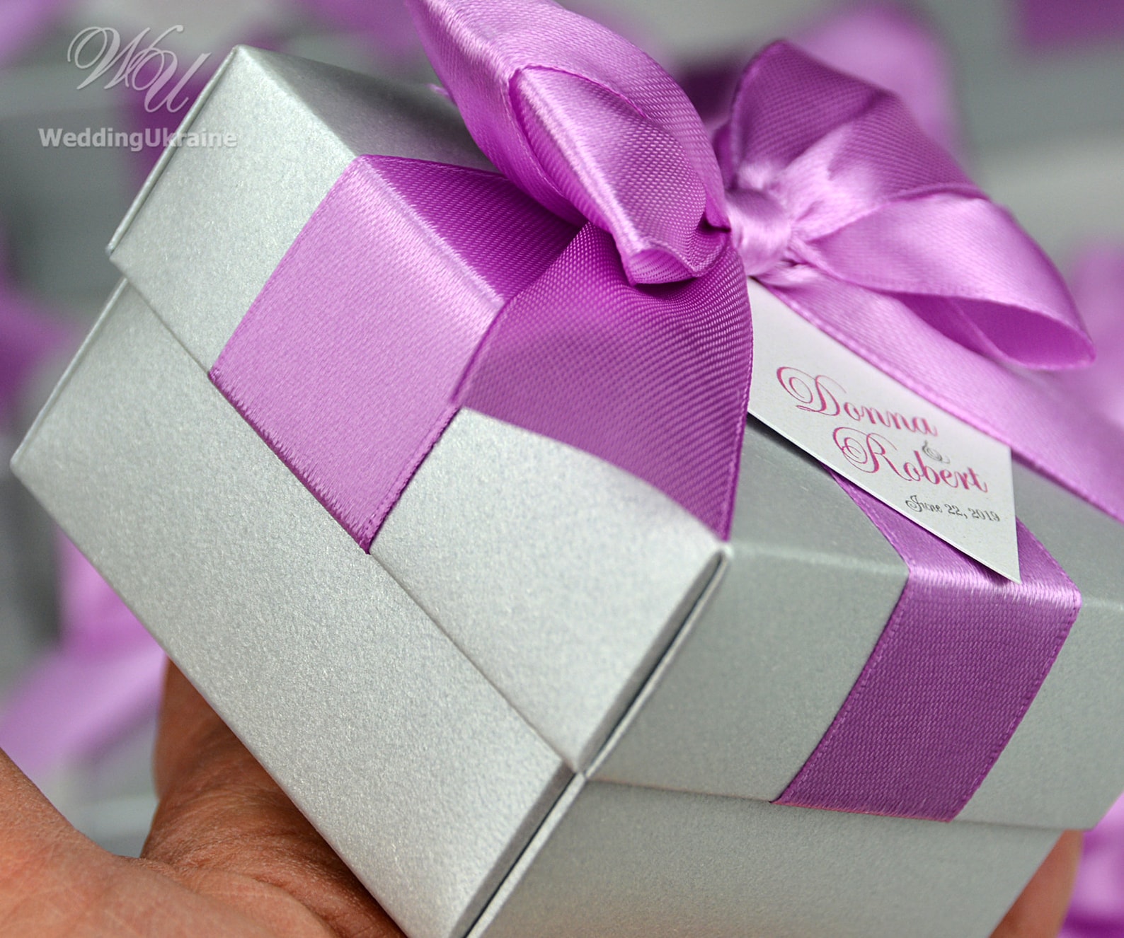 Silver Wedding Favor Gift Box With Satin Ribbon, Bow and Your Names ...