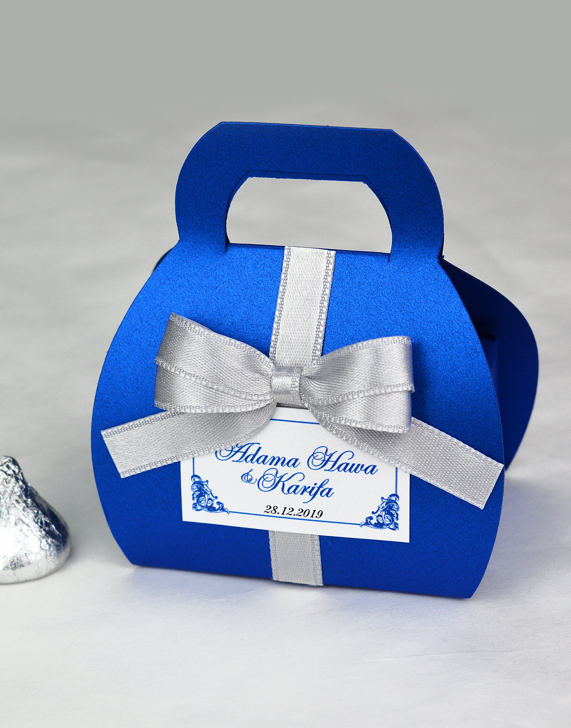 Royal Blue Wedding Favor Gift Box With Silver Satin Ribbon Bow - Etsy