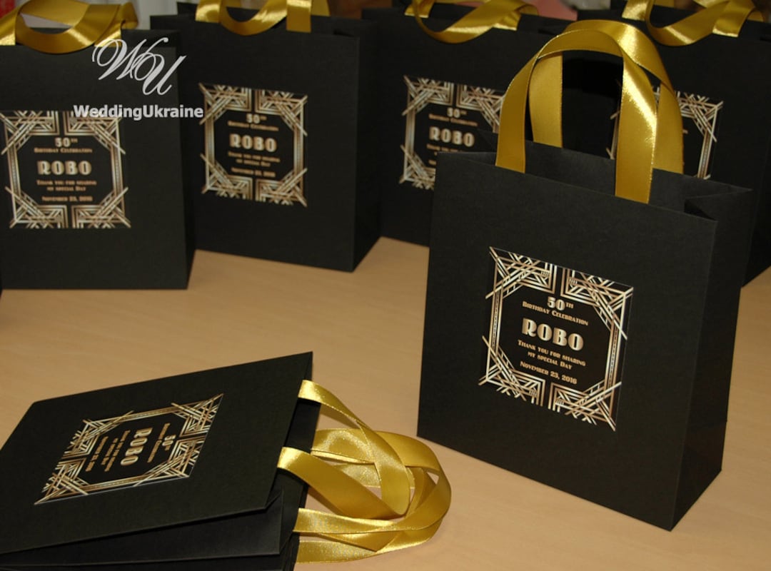 Gatsby Theme Gift Bags With Gold Satin Ribbon Handles and Personalized ...