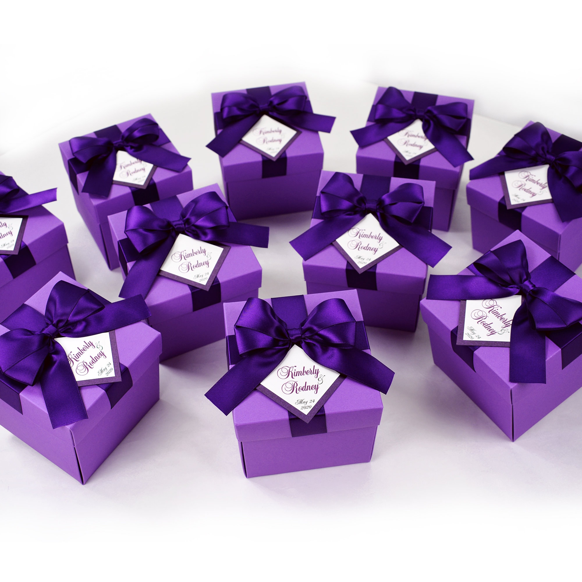 Purple Wedding Favor Box With Satin Ribbon Bow and Custom - Etsy