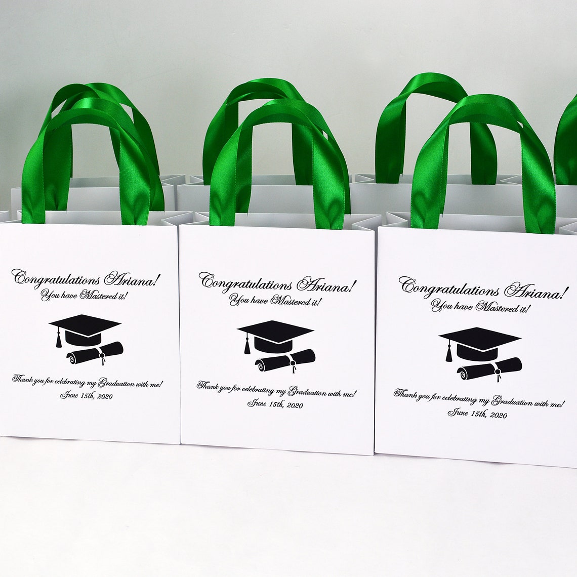 25 Graduation Celebration Bags With Green Satin Ribbon Handles - Etsy