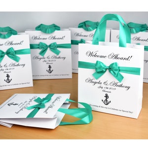30 Nautical Wedding Welcome Bags With Mint Satin Ribbon Handles & Bow ...