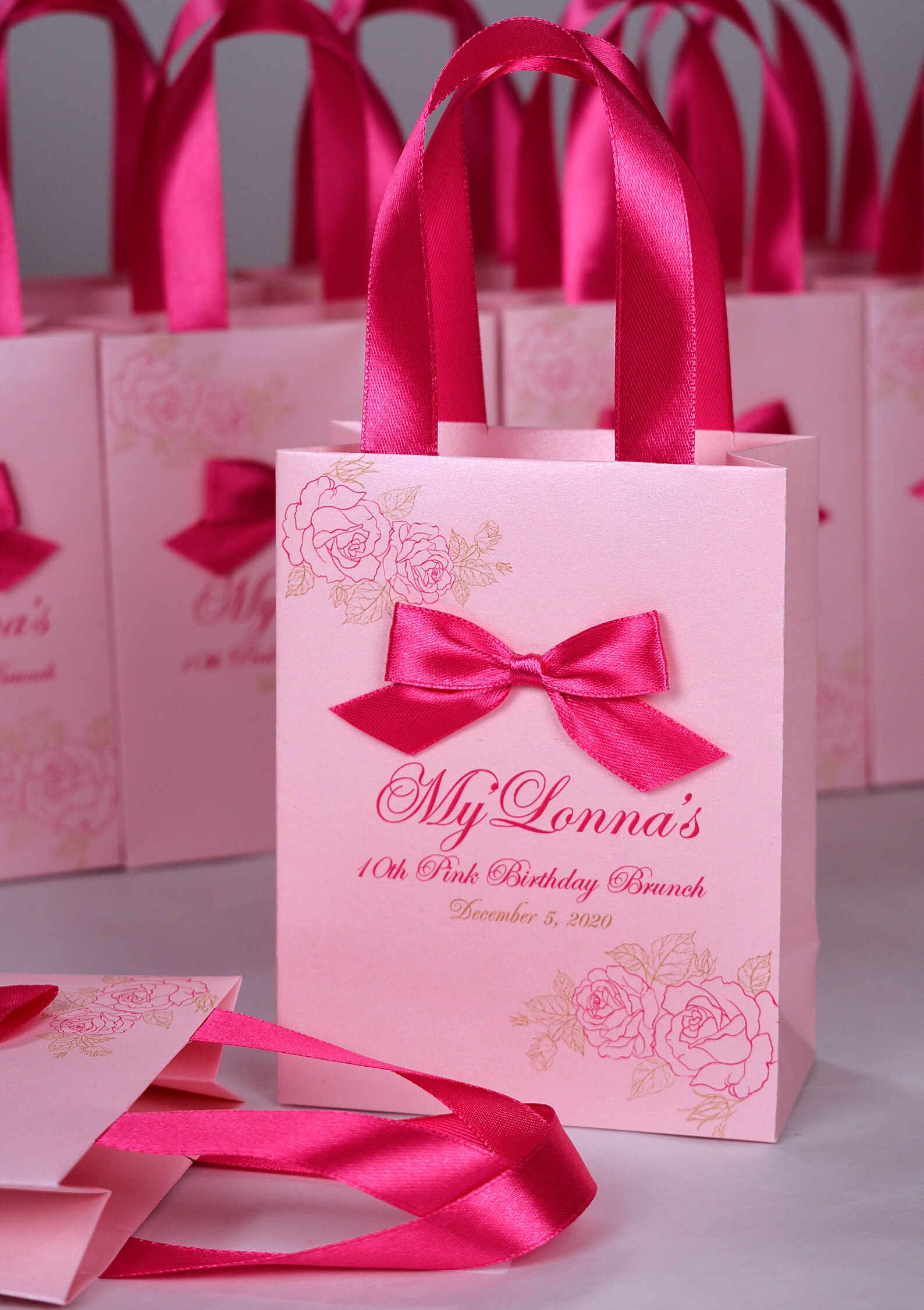 20 Pink Birthday Gift Bags With Satin Ribbon Handles Bow and - Etsy