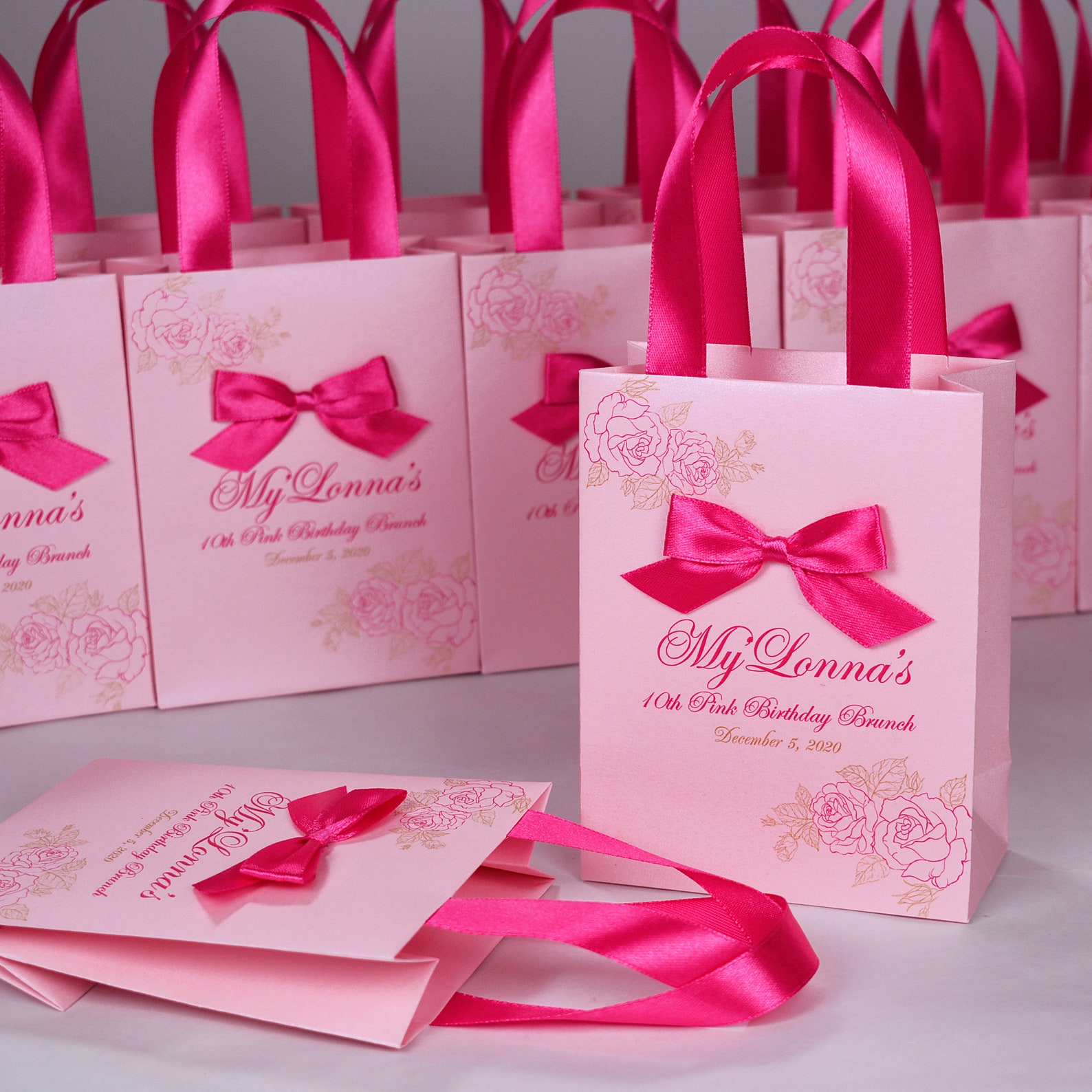 20 Pink Birthday Gift Bags With Satin Ribbon Handles, Bow and Custom ...