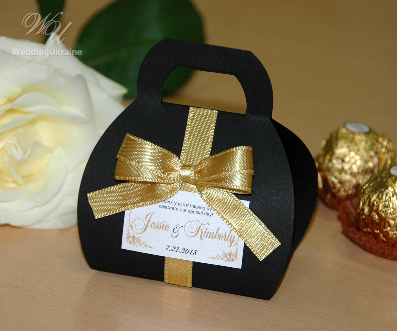 Black & Gold Wedding Favor Gift Box With Satin Ribbon Bow and - Etsy