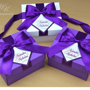 Chic Purple Wedding Favor Boxes With Satin Ribbon, Big Bow and Your ...