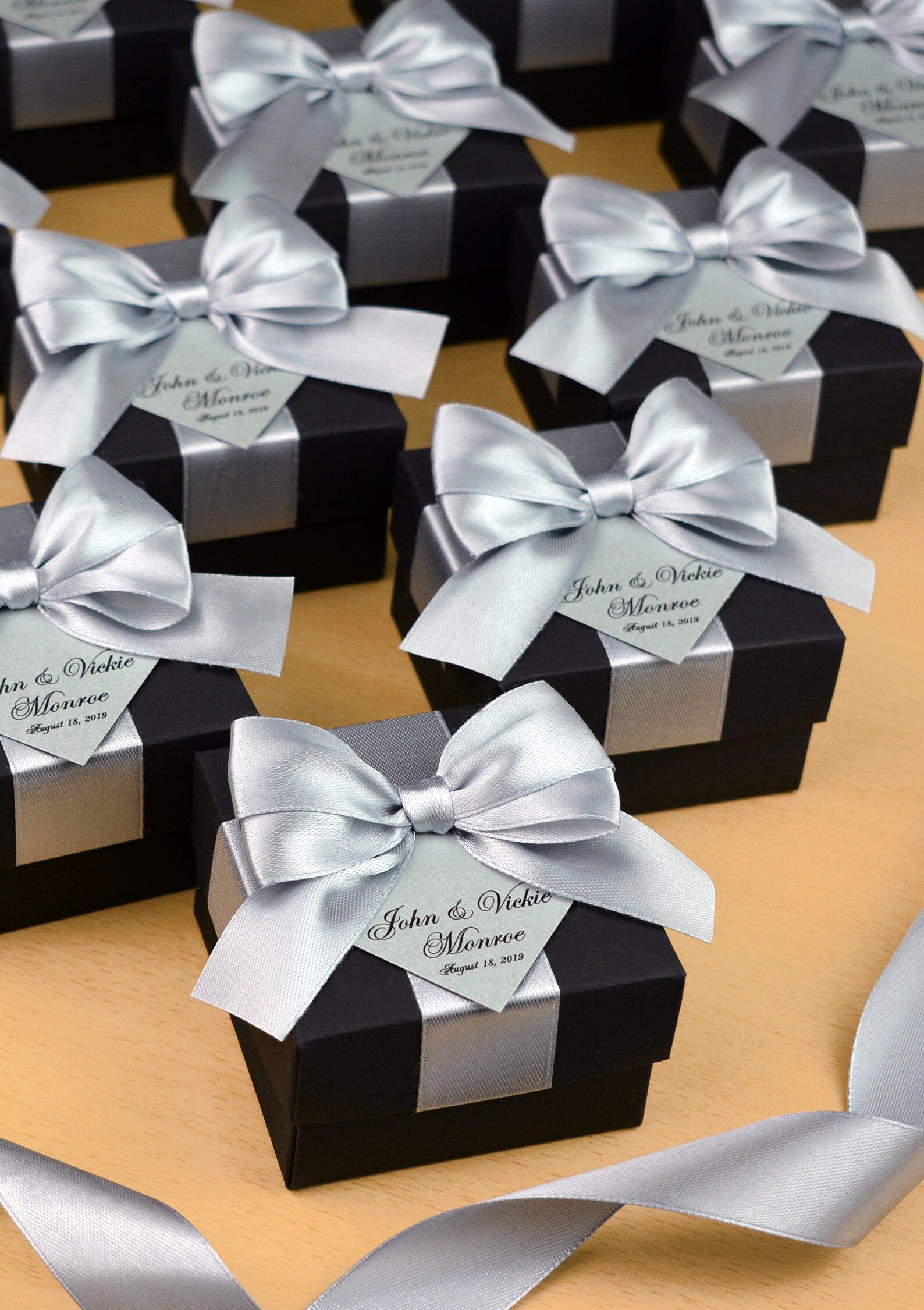 Silver Wedding Favor Gift Box With Satin Ribbon, Bow and Your Names ...