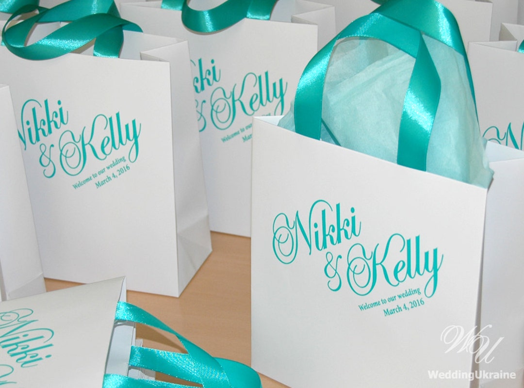 Wedding Welcome Bags With Mint Satin Ribbon and Names, Elegant ...