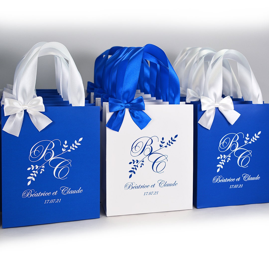 20 Royal Blue Wedding Welcome Bags With Satin Ribbon Handles, Bow and ...