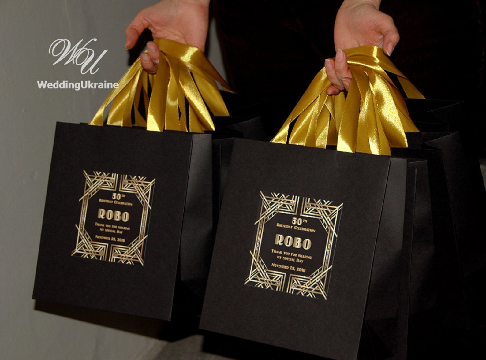 Gatsby Theme Gift Bags With Gold Satin Ribbon Handles and Personalized ...
