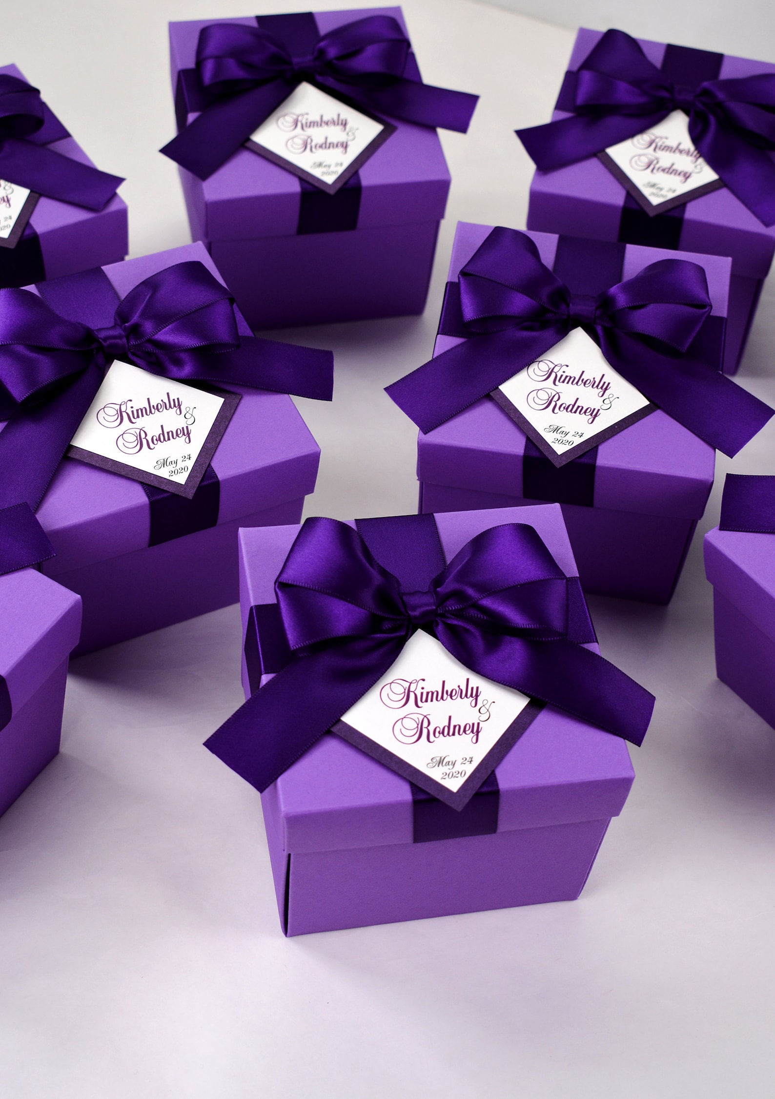 Purple Wedding Favor Box With Satin Ribbon Bow and Custom - Etsy