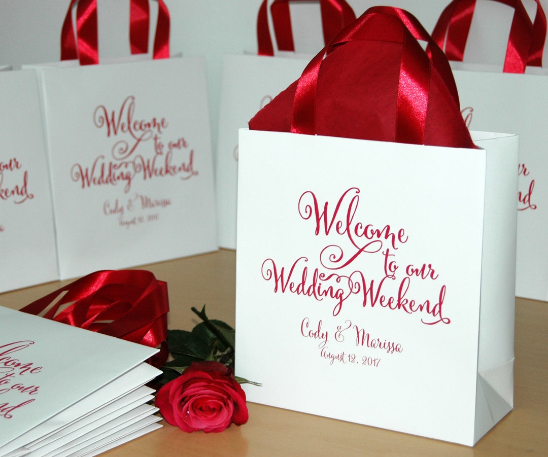 35 Welcome to Our Wedding Weekend Bags With Berry / Pink Satin Ribbon ...