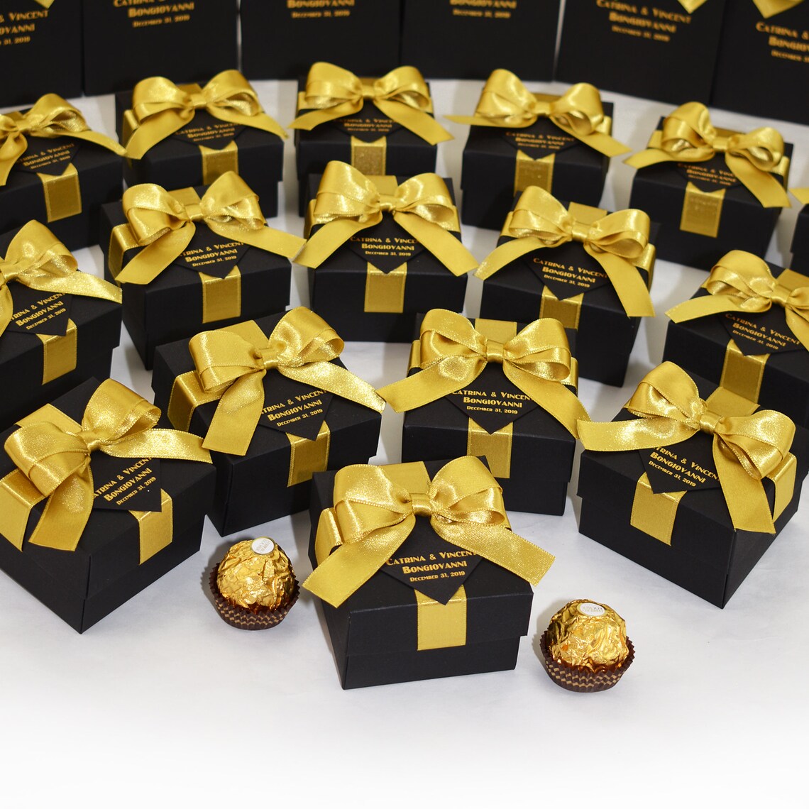 25 Black & Gold Wedding Favor Gift Box With Satin Ribbon Bow - Etsy