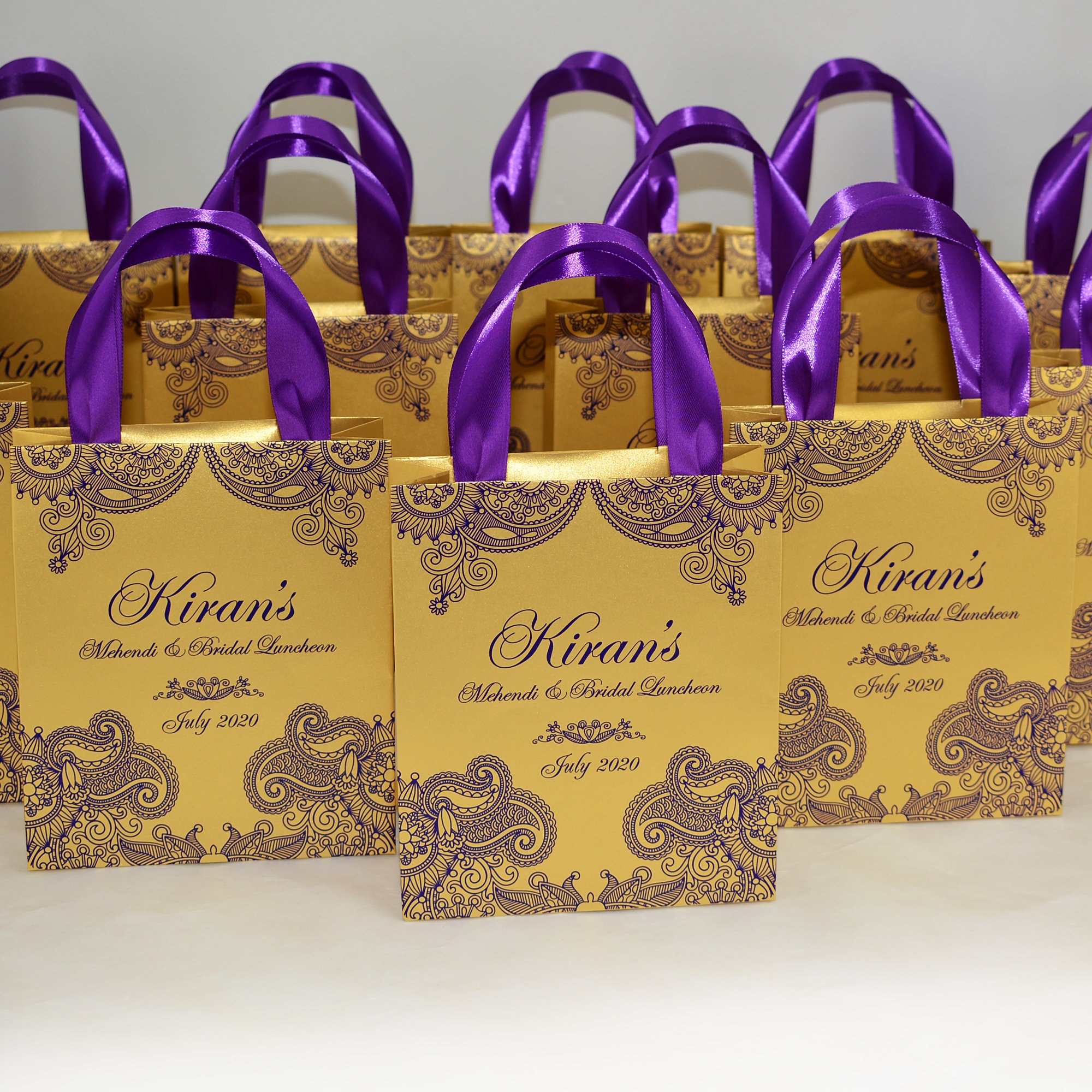 20 Mehendi & Bridal Party Gift Bags With Satin Ribbon Handles and Name ...