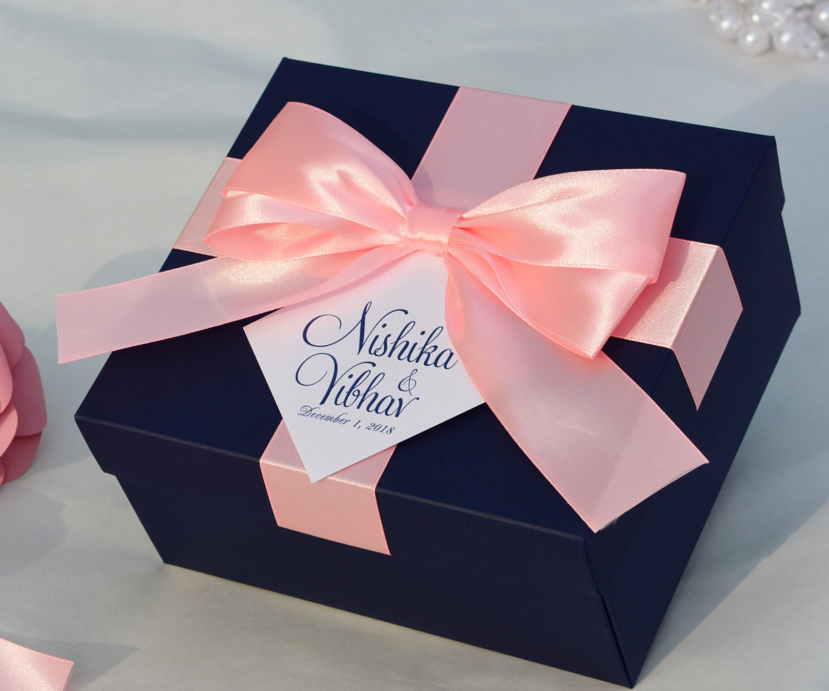 Personalized Navy Blue & Blush Wedding Favor Box With Satin | Etsy