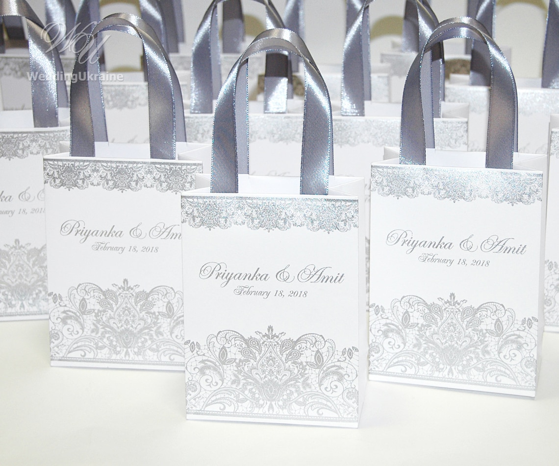 30 Silver Wedding Gift Bags With Satin Ribbon Print Lace & - Etsy