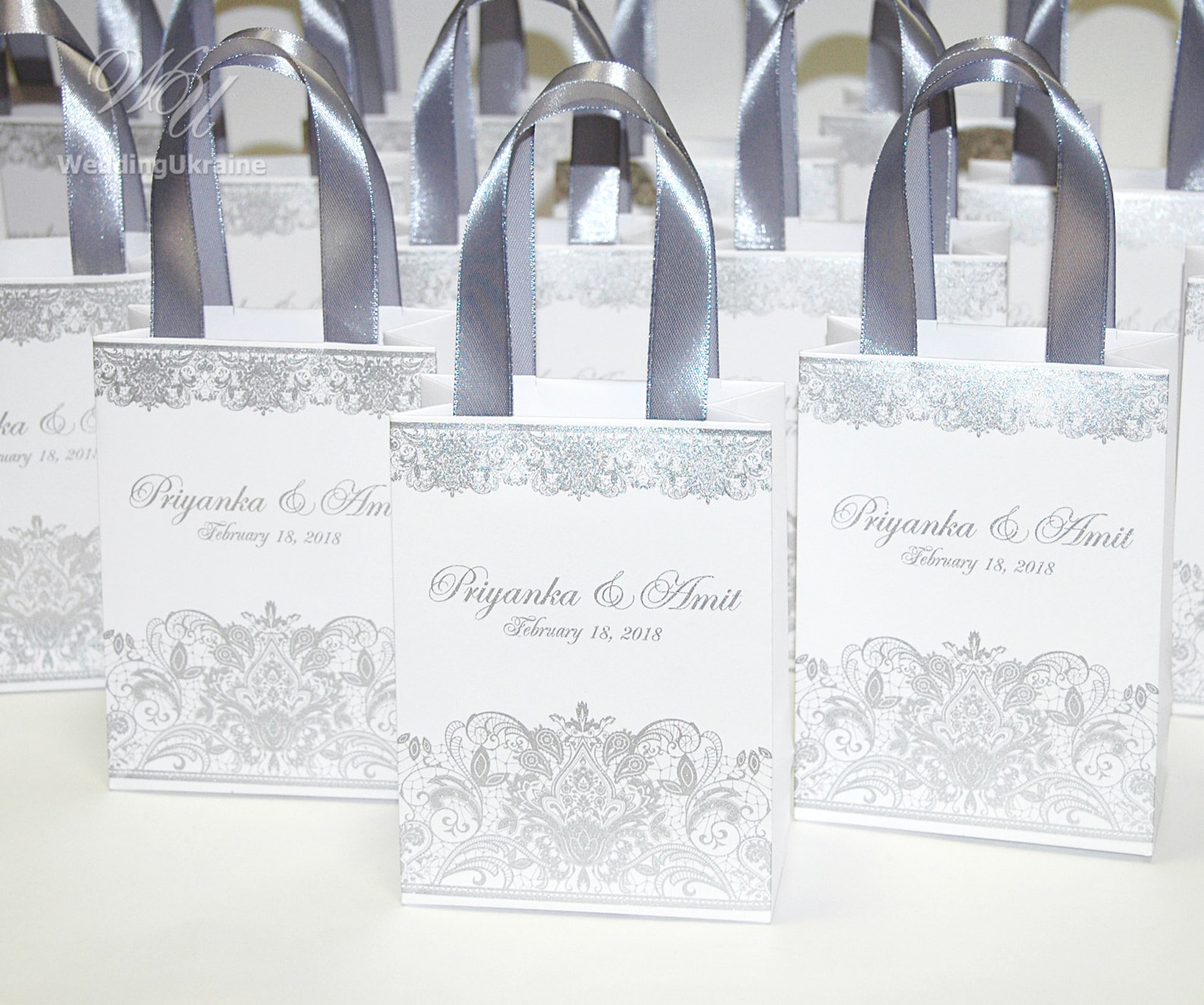30 Silver Wedding Gift Bags With Satin Ribbon, Print Lace & Custom ...