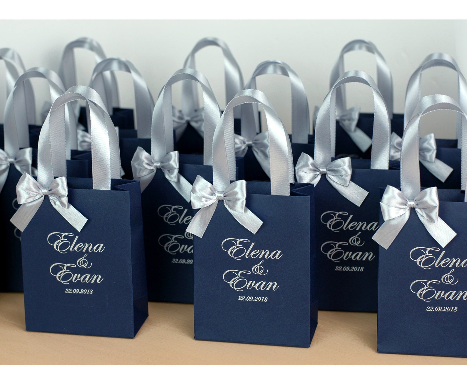 30 Wedding Welcome Bags With Satin Ribbon Handles and Your Names Silver ...