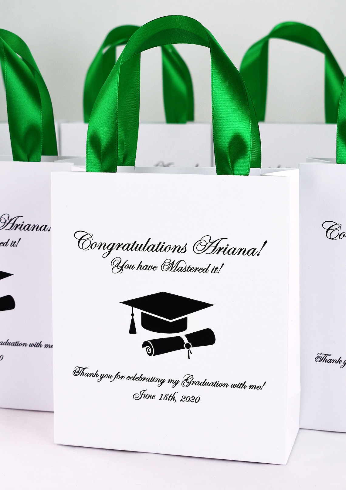 25 Graduation Celebration Bags With Green Satin Ribbon Handles - Etsy
