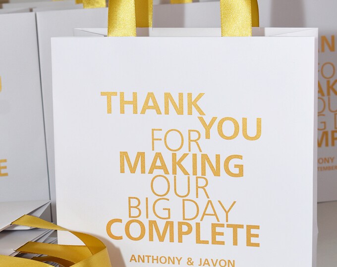Wedding Welcome Bags With Golden Satin Ribbon and Names Personalized ...