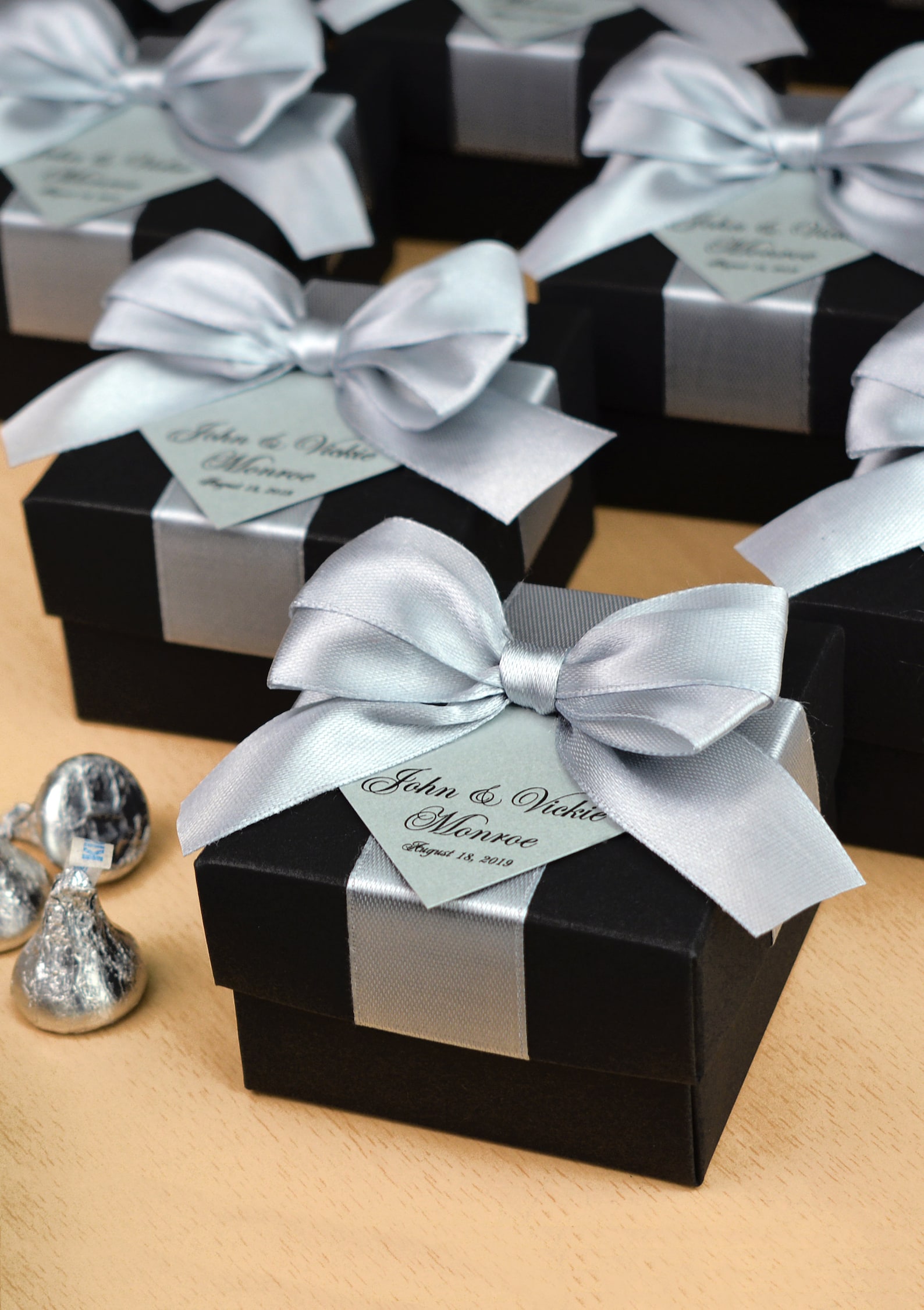 Silver Wedding Favor Gift Box With Satin Ribbon, Bow and Your Names ...