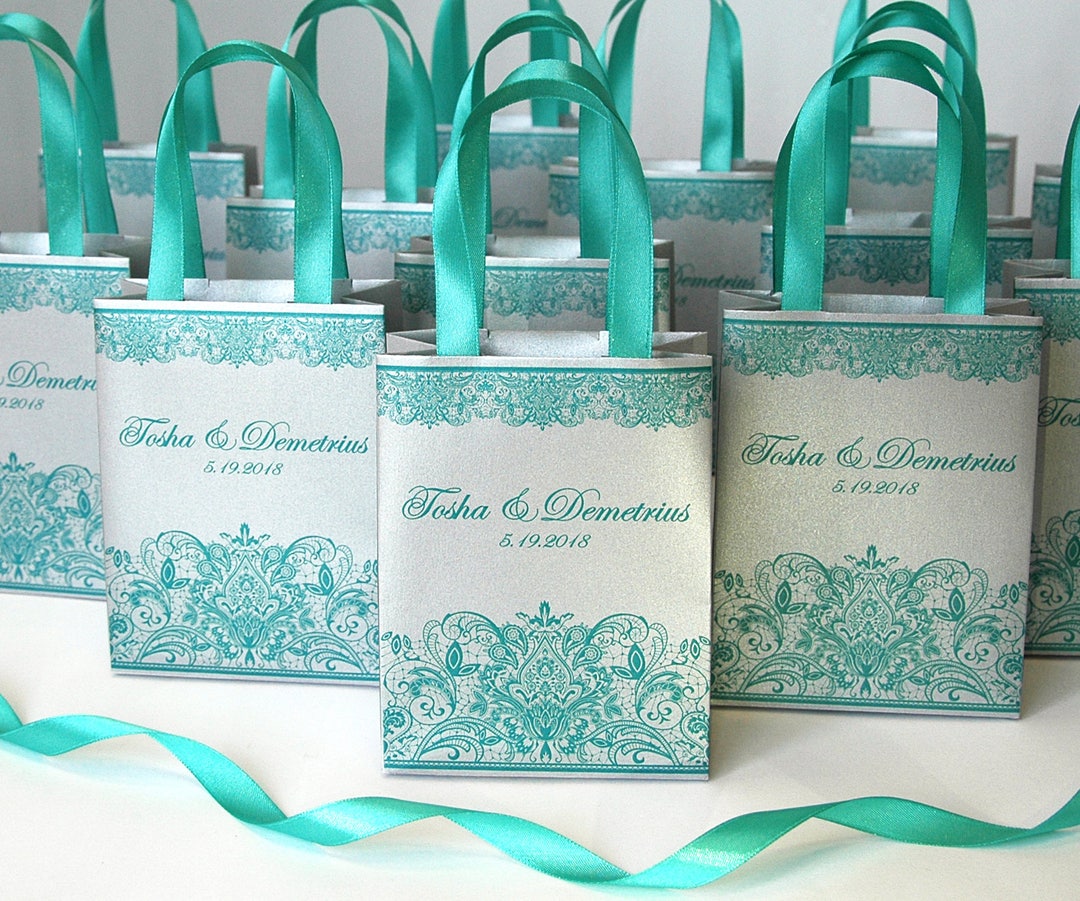 Silver & Mint Wedding Gift Bags for Small Souvenirs - Bag With Satin ...