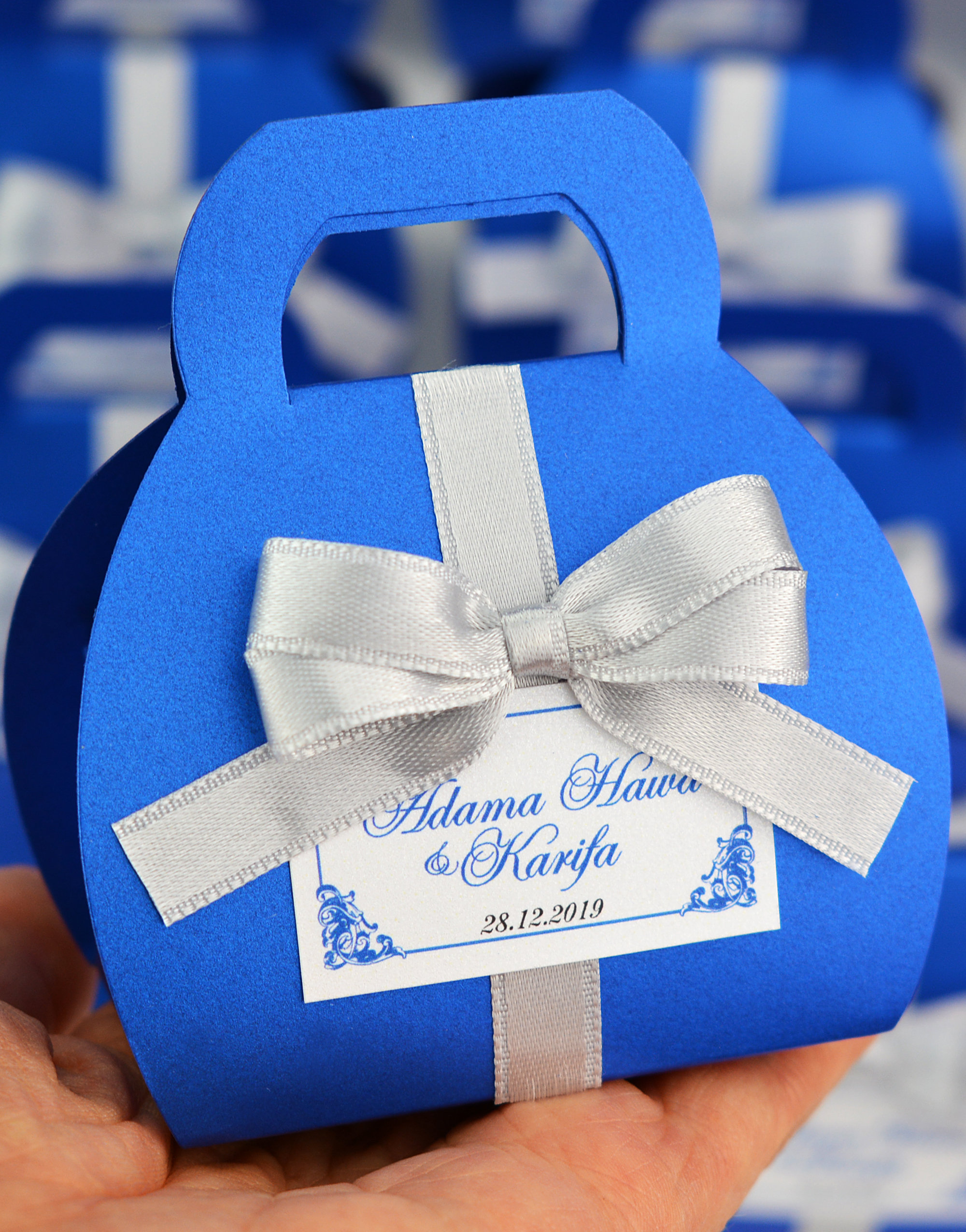 Royal Blue & Gold Party Favor Box With Satin Ribbon Bow and Custom Tag ...