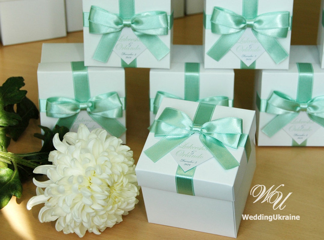 Wedding Gift Boxes With Light Mint Satin Ribbon Bow and Names - Etsy