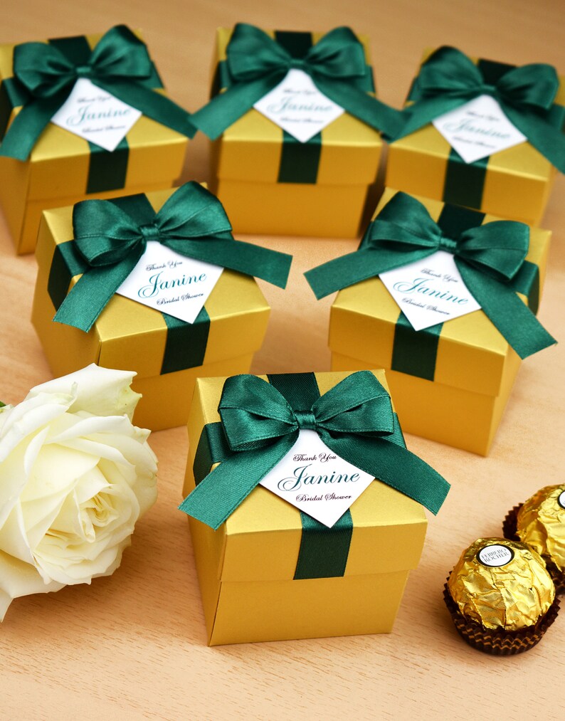 Chic Gold favor boxes with satin ribbon bow and custom tag | Etsy