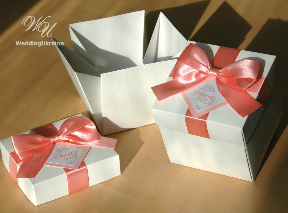 Wedding Gift Boxes With Blush Satin Ribbon, Bow and Tag - White and ...