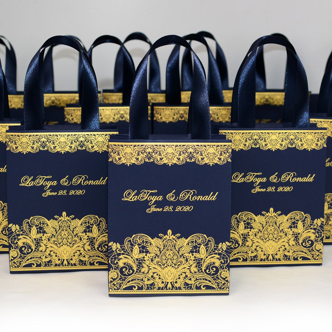 35 Navy Blue and Gold Personalized Bags With Satin Ribbon, Print Lace ...