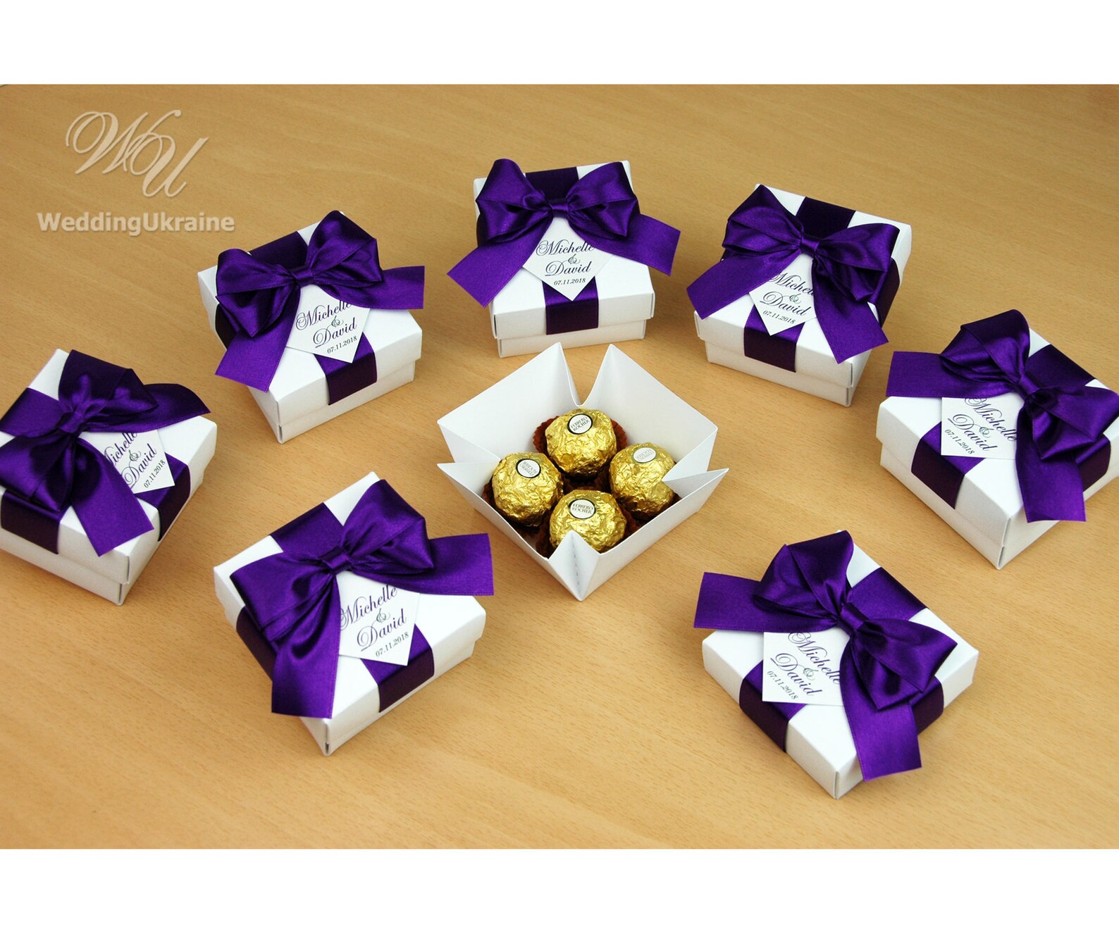 Purple Wedding Favor, Personalized Boxes With Satin Ribbon, Bow and ...